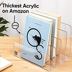 Acrylic File Organizer 4 Section Holder, Laptop, Folder, Palette Makeup, Office, Letter, Notebook, Electronics, Purse, Book, Clear Lucite Paper Sorter, 9-Inch Wide x 7-Inch Deep x 7-Inch High