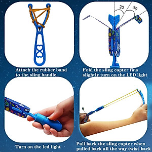 JX Rocket Slingshot Flying Toys with Led Lights,12Pcs LED Arrow Helicopters + 12Pcs Launchers,Summer Outdoor Game LED Slingshot Toy for Kids, Glow in The Dark Kids Party Supplies
