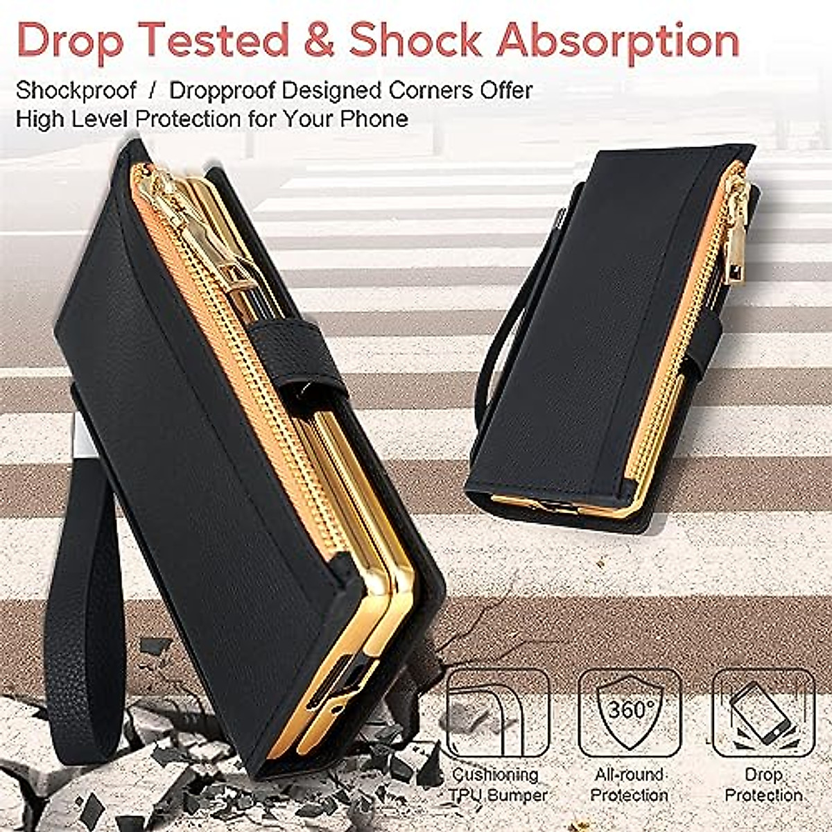 Wallet Case for Samsung Galaxy Z Fold 5 2023, Luxury Electroplated Golden Frame Lanyard Strap Zipper PU Leather Magnetic Closure Flip Folio Case with Card Holder S Pen Holder,Brown