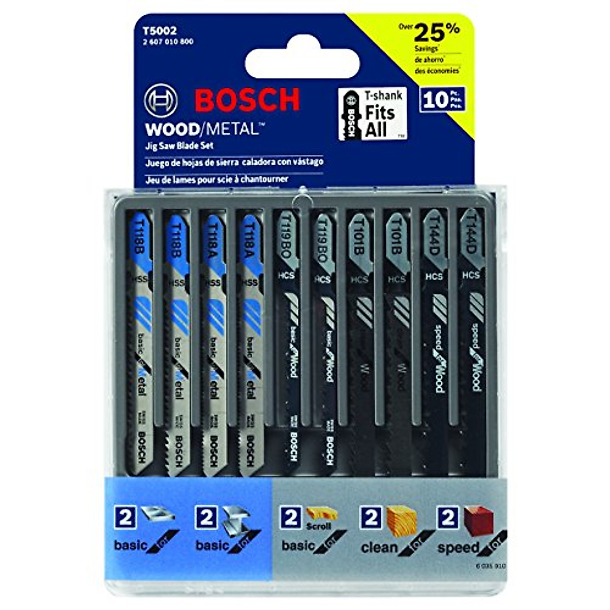 BOSCH T5002 T-Shank Multi-Purpose Jigsaw Blades, 10 Piece, Assorted, Jig Saw Blade Set for Cutting Wood and Metal