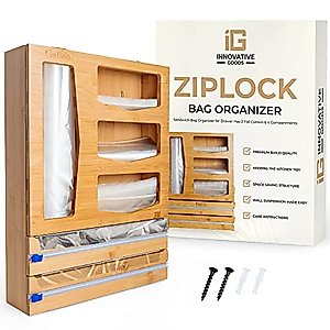 Bamboo Ziplock Plastic Bag - Space Saving Storage Organizer for Drawer - Sandwich Bag Organizer for Drawer Has 2 Foil Cutters & 4 Compartments