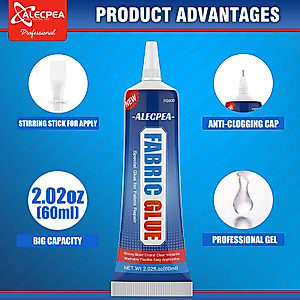 60ML Fabric Glue, Strong Fabric and Leather Adhesive, Waterproof Fabric Glue Permanent Clear Washable for All Fabrics, No Sew Solution, Washer/Dryer Safe