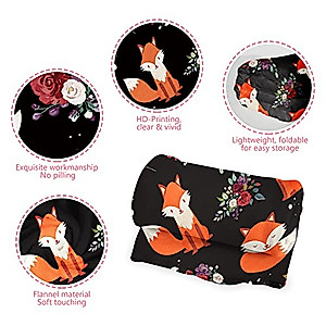 udten Fox Gifts for Women, Fox Blanket with Flower Decor, Fox Gifts for Fox Lovers Fox Blankets for Girls, Fox Throw Blanket for Kids Women Birthday Mother's Day Children's Day Gifts,60"x50", Black