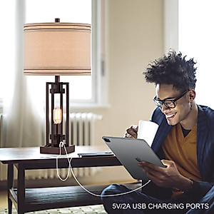 KIVDITZO Rustic Farmhouse Table Lamps with Night Light Set of 2 Dark Bronze Finish Round Shade 5V/2A USB Charging Ports Nightstand Lamp for Living Room Bedroom Home Office Study.