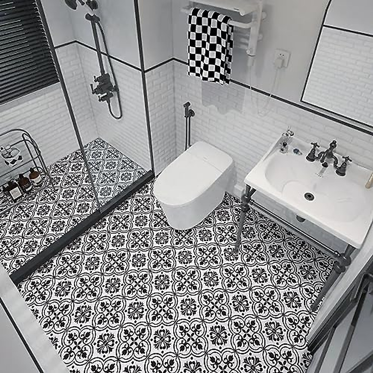 Peel and Stick Floor Tile 11.8In by 11.8In Black and White Flower Floor Tiles Self-Adhesive Removable for Bathroom/Kitchen 10 PCS