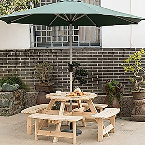 Gardenised Wooden Outdoor Patio Garden Round Picnic Table with Bench, 8 Person-Natural
