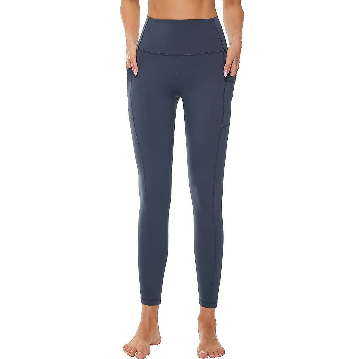 Neonysweets High Waist Yoga Leggings with Pockets Workout Athletic Running Pants Leggings Steel Gray L
