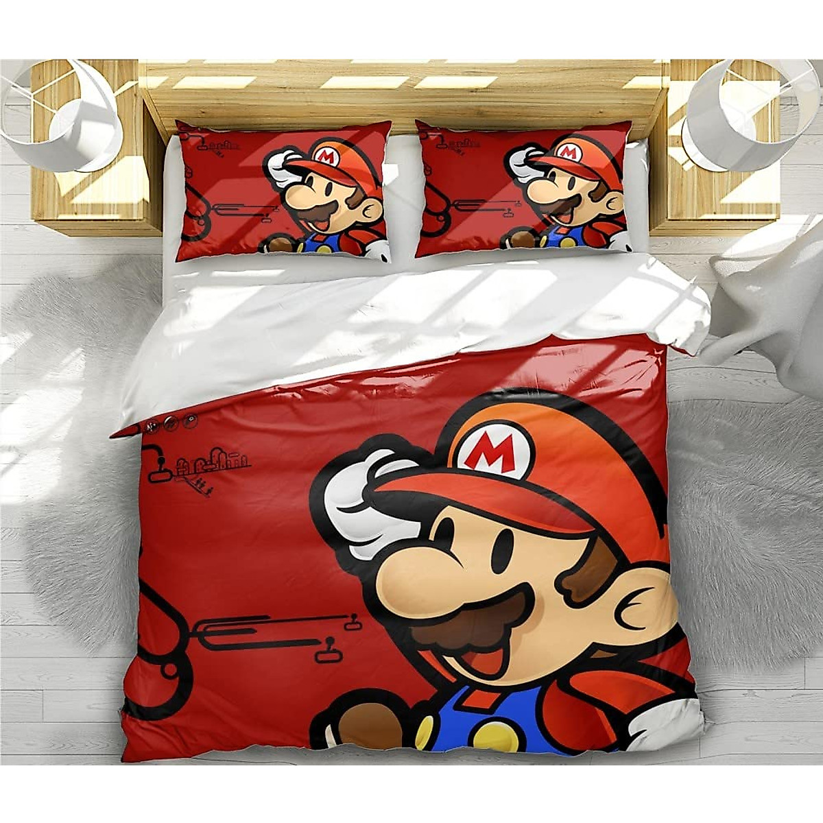 NICHIYOBI Redcap Beard Plumber Bros Game Movie Duvet Cover Set 3D Bedding Comforter Cover 3 Pcs (1 Duvet Cover+2 Pillowcases) Bedding Set (08,Twin-68x86in+20x30in*2)