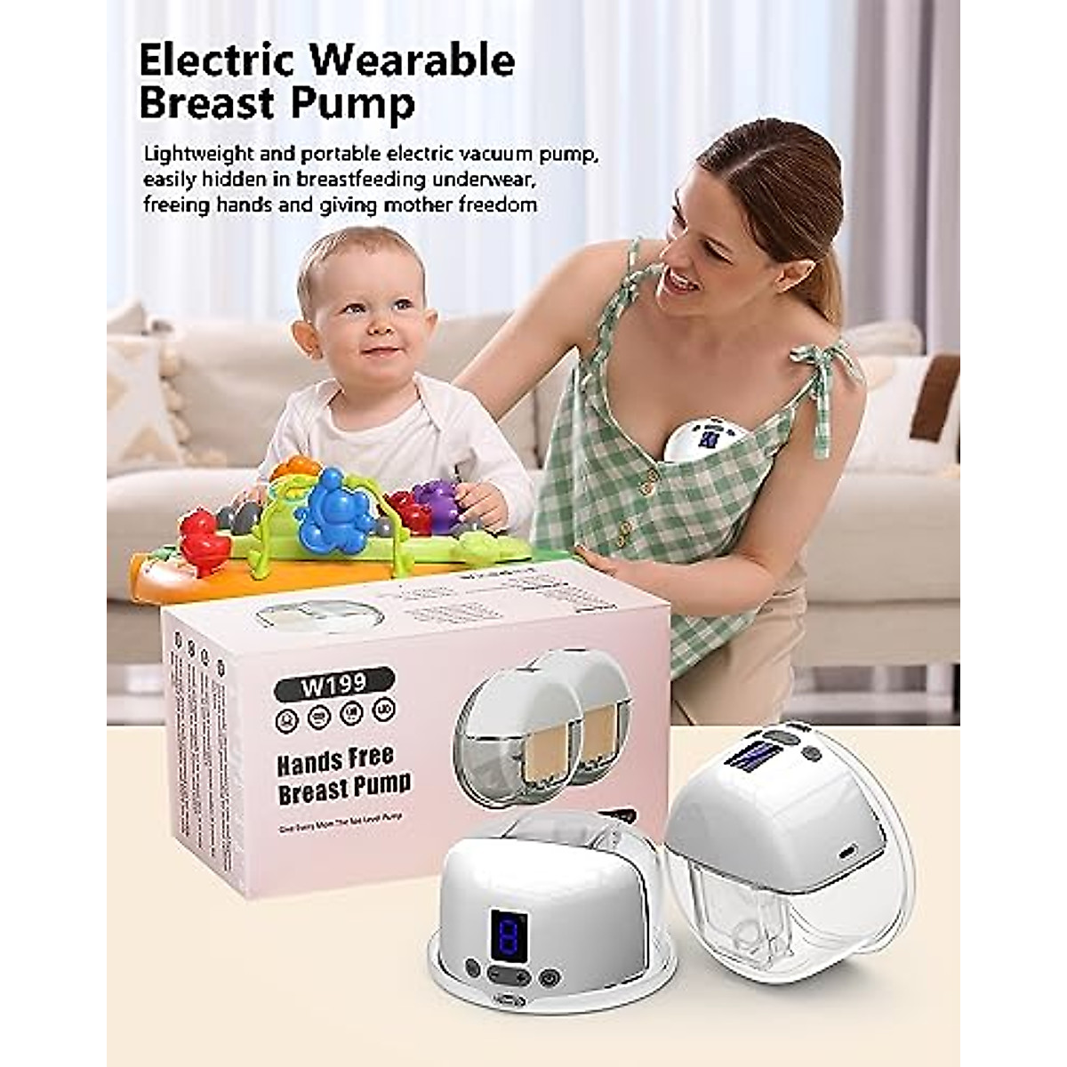 Double Wearable Breast Pump, Hands Free Vacuum Breast Pumps, Lower Noise and Painless, LED Display Memory Function, 4 Modes 9 Levels Electric Breast Pump Portable, 24mm Flange, 2 Pack