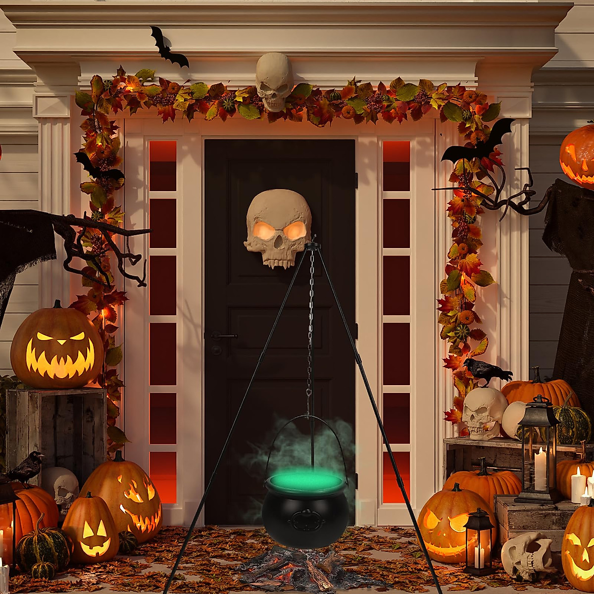 Halloween Witches Cauldron on Tripod, Halloween Cauldron with Green Lights, Halloween Outdoor Decor, Hocus Pocus Candy Bucket Decorations for Home Patio Garden Lawn Outside