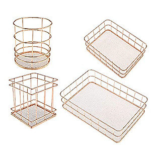 SING F LTD 4X Rose Gold Wire Mesh Basket Box Storage Container Metal Storage Baskets Set Iron Hollow Makeup Brush HolderBathroom Bedroom Decor