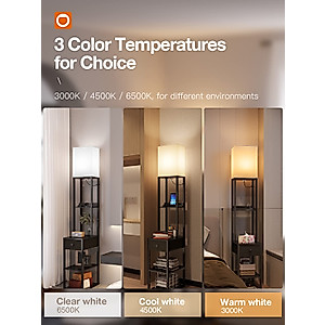 addlon Floor lamp with 2 USB, 1 Outlet and Drawer, 3 Color Temperatures LED Bulb (9W), Sofa lamp with White lampshade, Display Floor lamp with Shelves for Living Room, Bedroom and Office - Black