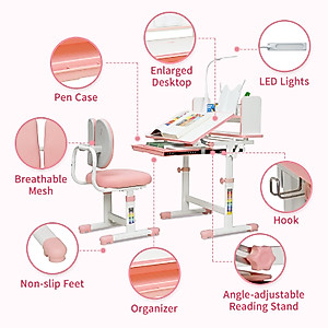 MOOITZ Kids Desk and Chair Set, Height-Adjustable Desk for Kids, Kid Desk with Led Lamps, Childrens Desk with 60° Tilting Tabletop, Upholstered Recliner and Multiple Extra-Large Storage Drawer (Pink)
