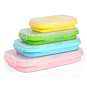 VIGIND Set of 4 Collapsible Foldable Silicone Food Storage Container,Space Saving,Air Tight,Reusable,Leftover Meal Box With For Kitchen, Bento Lunch Boxes-Microwave, Dishwasher and Freezer Safe