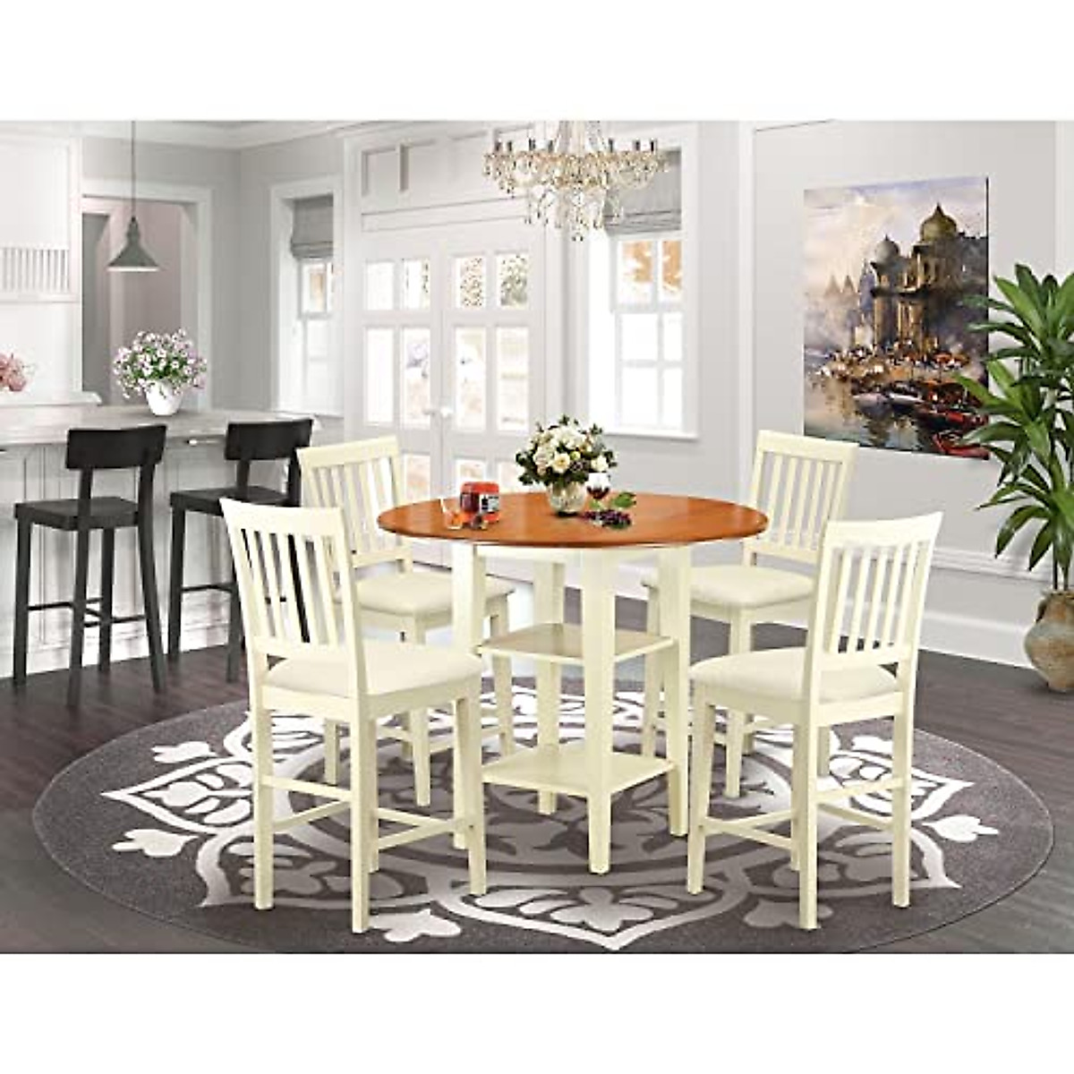 East West Furniture SUVN5H-BMK-C 5 Piece Counter Height Pub Set Includes a Round Dining Table with Dropleaf & Shelves and 4 Linen Fabric Upholstered Chairs, 42x42 Inch, Buttermilk & Cherry