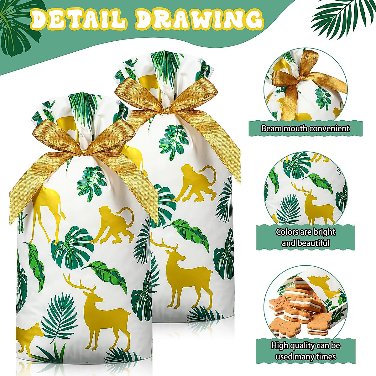 50 Pcs Jungle Animal Treat Bags Green Gold Safari Animal Palm Leaves PE Plastic Candy Goodie Bags Safari Party Favor Bags with Gold Drawstring Ribbons for Wild Jungle Baby Shower Birthday Party Favors