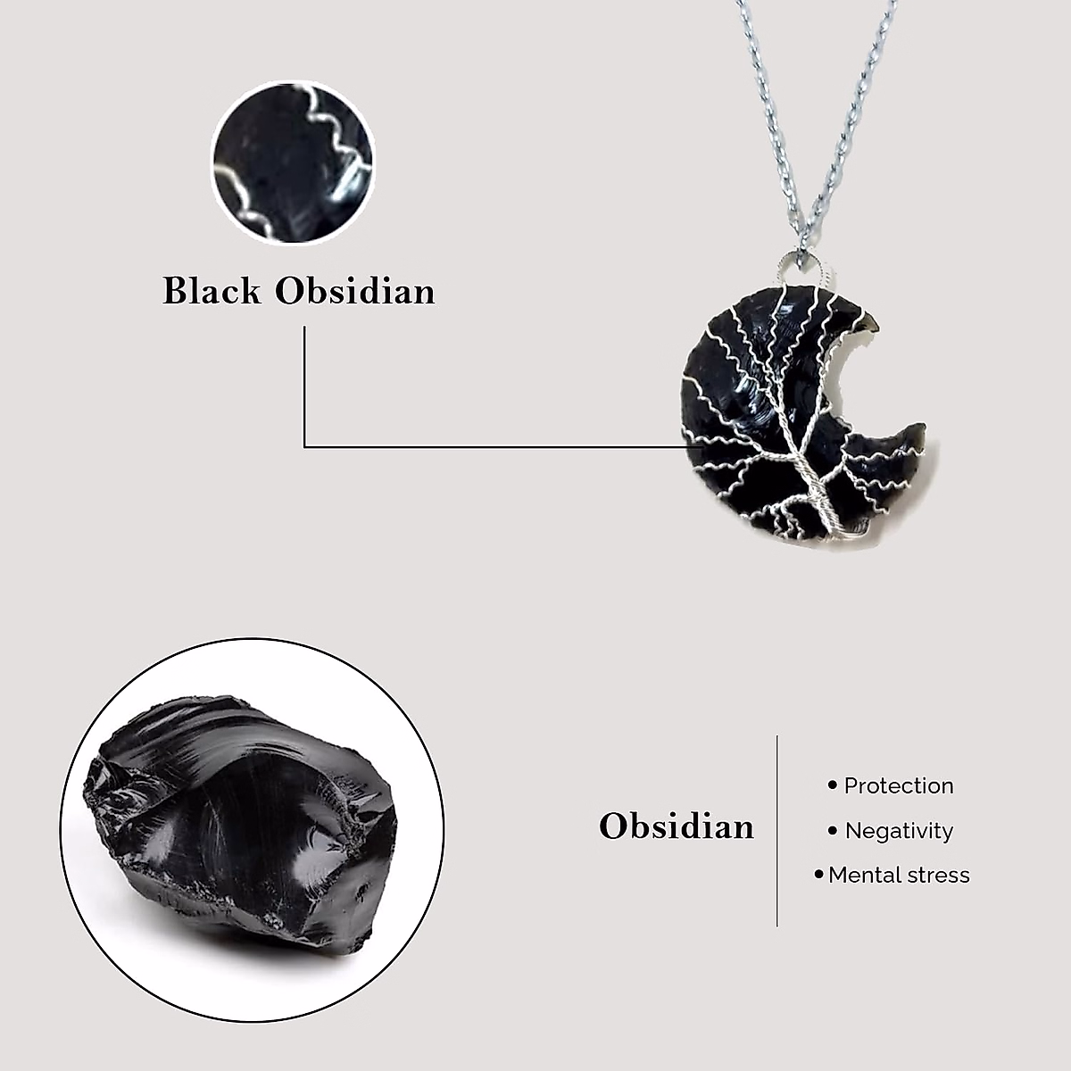 Orgonite Shop Black Obsidian Moon Pendant Necklace, Feng Shui Black Obsidian Wealth Necklace Chakra Jewelry For Women, Self-Healing Handmade Black Obsidian Crystal Gemstone Necklace For Men