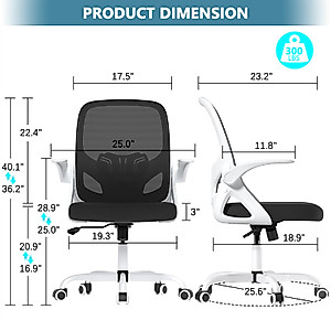 Kensaker Home Desk Chair with Back Supportive Lumbar Support, Breathable Double Mesh Cushion Home Desk Office Chair with Flip up Arms, Modern Ergonomic Home Desk Office Chair for Home and Work(White)