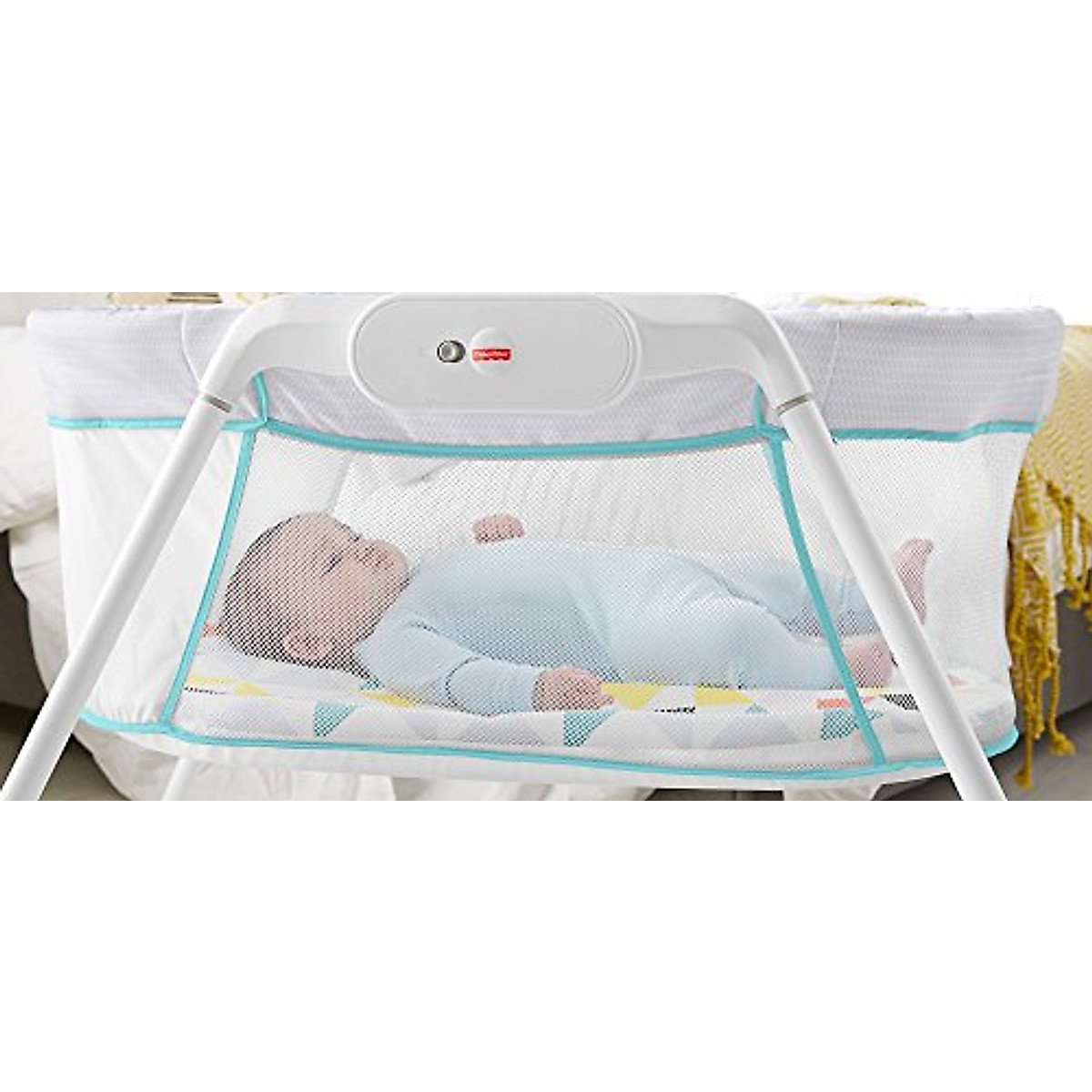 Fisher-Price Stow 'n Go Bassinet Windmill, portable baby cradle with soothing features for infants and newborns