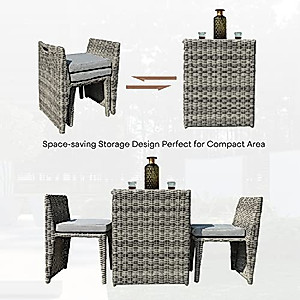 AcePRO Rio 3-Piece Rattan Bistro Set Outdoor Patio with Grey Cushions, NO Assembly