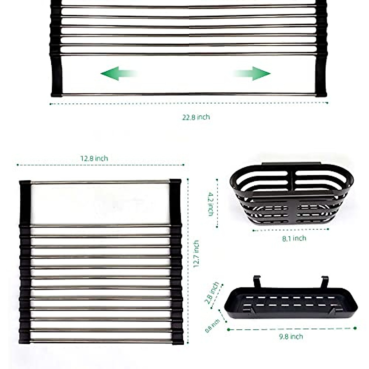 DMJWAN Roll Up Dish Drying Rack,Foldable Sink Rack with 2 Storage Baskets, Rollup & Stretchable,SUS304 Stainless Steel , for Kitchen Dishes,（Expandable Size22.8" X 12.7"）