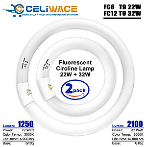 Celiwace FC8T9/WW 22 Watt and FC12T9/WW 32 Watt Set, 8 inch T9 22W Circular Light Bulbs Warm White, 12'' 32W Circline Fluorescent Bulb CRI 80, Soft White 3000K G10q