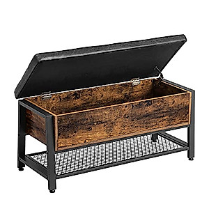 VASAGLE Industrial Storage Bench, Bed End Stool with Padded Seat and Metal Shelf, Sturdy Steel Frame, 39.4”L x 15.7”W x 18.5”H (100 x 40 x 47 cm), Rustic Brown + Black