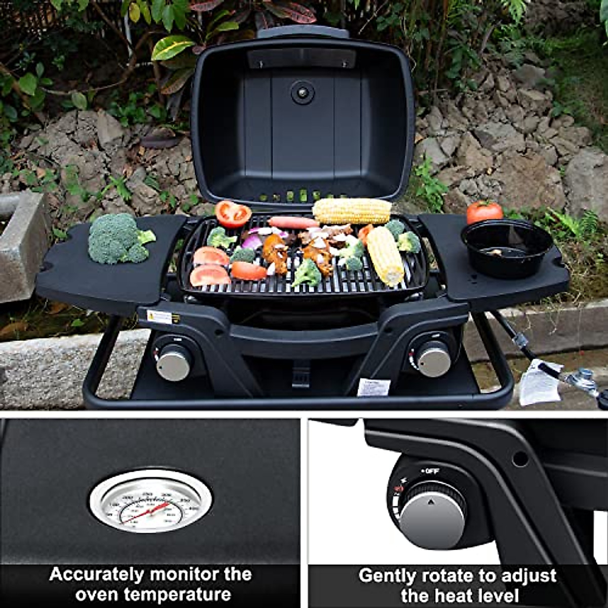 Portable Propane Gas Grill, 2-Burner Portable Gas Grill Small Tabletop Gas Grill, 24000BTU BBQ Outdoor Griddle Gas Grill with Removable Side Tables, Thermometer, Regulator, Gas Hose, Black