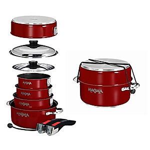 Magma Products, A10-366-MR-2-IN Gourmet Nesting 10-Piece Red Stainless Steel Induction Cookware Set with Ceramica Non-Stick