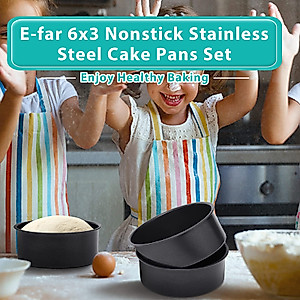 E-far 6 x 3 Inch Cake Pan Set of 3, Deep Stainless Steel Small Round Cake Pans Tin for Baking Birthday Wedding Layer Cakes, Stainless Steel Core & Non-toxic Nonstick Coating, Deep & Straight Side