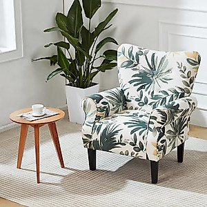 MELLCOM Mid Century Wingback Arm Chair,Modern Upholstered Fabric High Back Accent Chair with Wood Legs,Upholstered Single Sofa Club Chair for Living Room, Bedroom, Home Office, Green Leaves