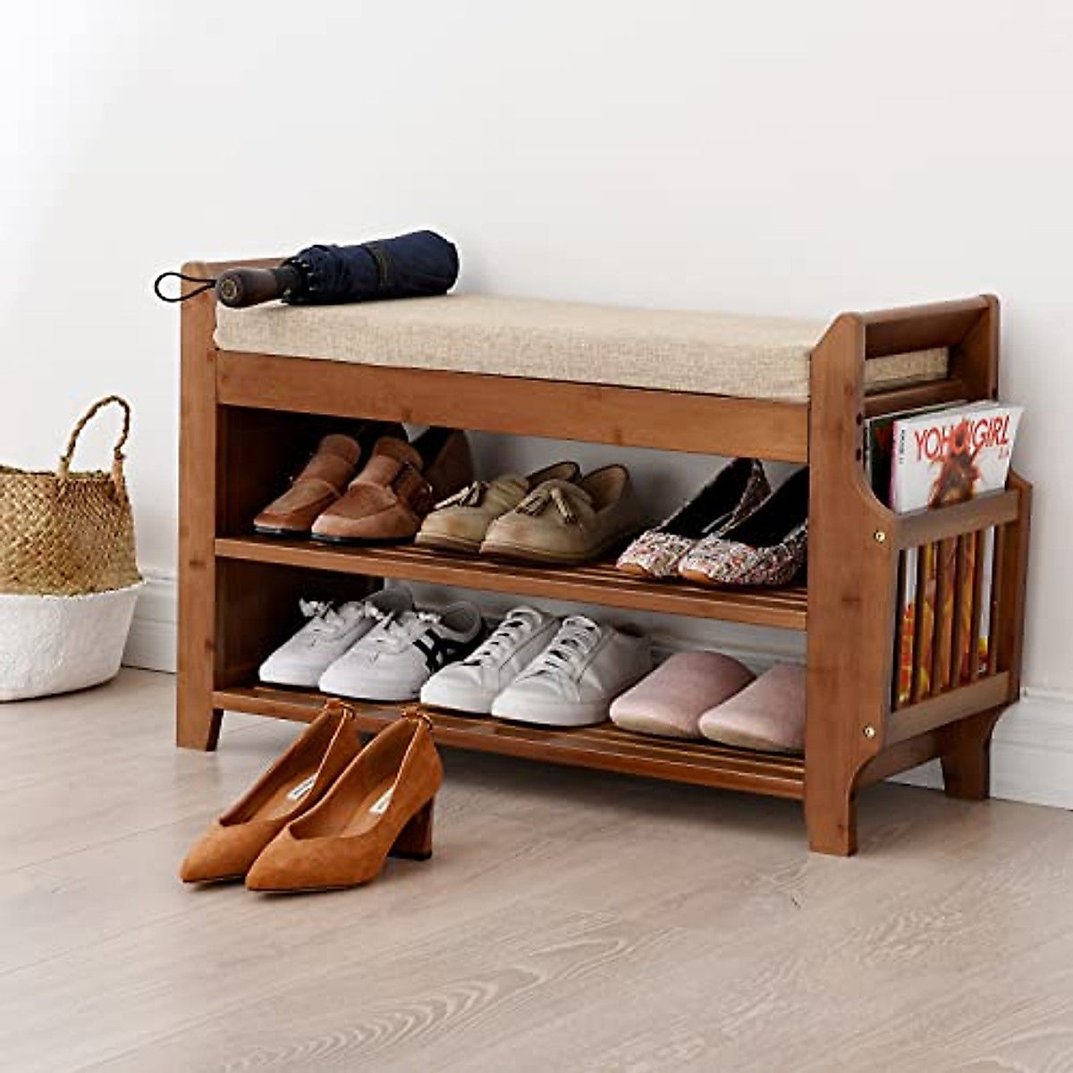 ZHFEISY Shoe Bench 2 Tier Shoe Rack Bamboo 6 Pairs Shoes with Sponge Cushion Storage Basket Shoe Rack Bench Organizer Brown for Home Living Room Entryway