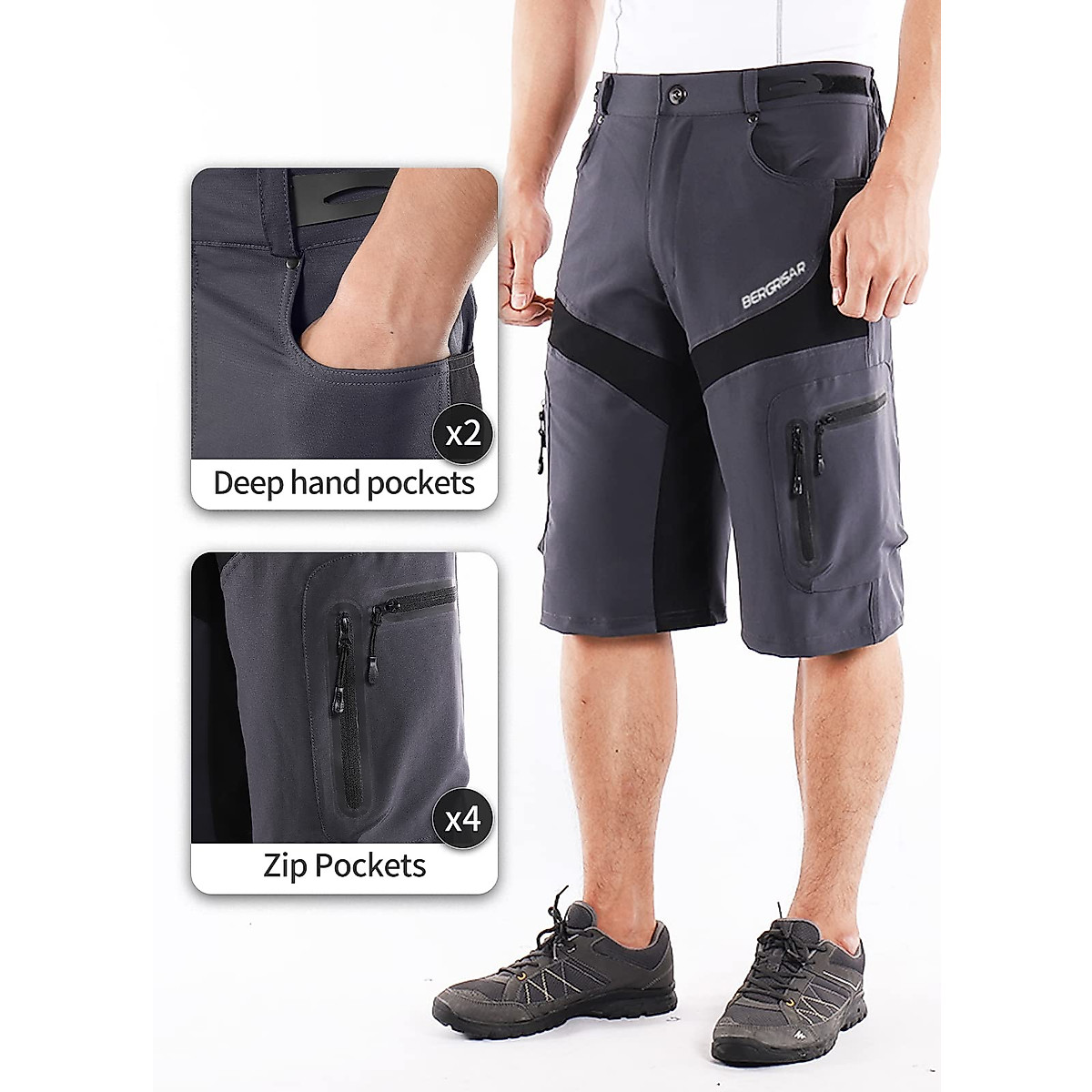 BERGRISAR Men's Cycling Shorts Mountain Bike Shorts Bicycle Shorts Biking Shorts Zipper Pockets 1806BG Grey Size X-Large