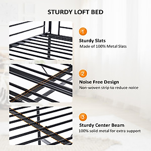 VINGLI Loft Bed Full Size with Flat Rungs for Adults, Kids and Young Teens, No Box Spring Required,Heavy Duty Metal Slat Support