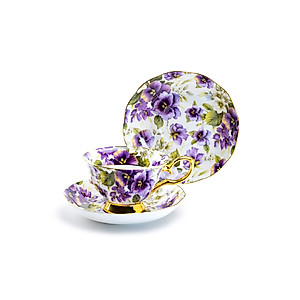 Grace Teaware Purple Pansy Gold Bone China Tea Cup and Saucer with Gold Trim