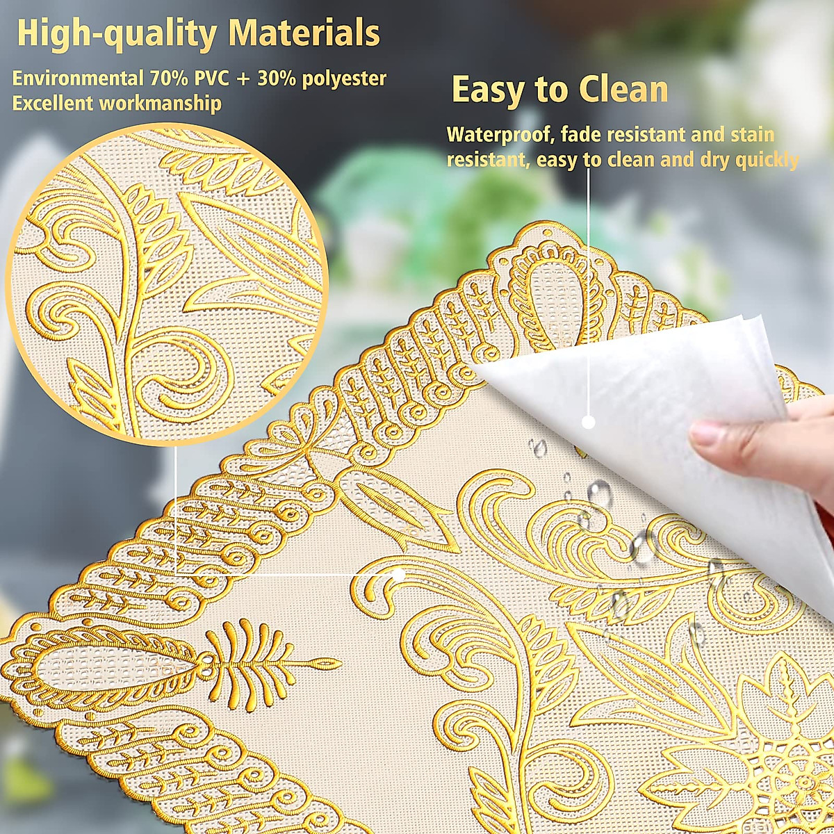 Placemats-Kitchen Table Mat-for Dining Table Non-Slip Washable Heat Resistant Plate Mat Rectangle Gold Bloom Kitchen Table Mats Set of 6 (Golden)