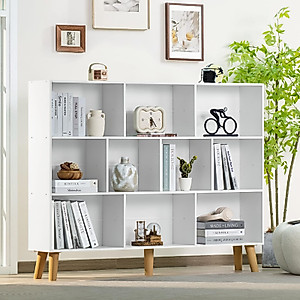 YAHARBO 10 Cube Large Bookshelf,3 Tier Bookcase with Legs,White Mid-Century Modern Bookshelves,Wide Free Standing Open Storage Organizer Shelf,Tall Wooden Book Case Furniture for Living Room,Office