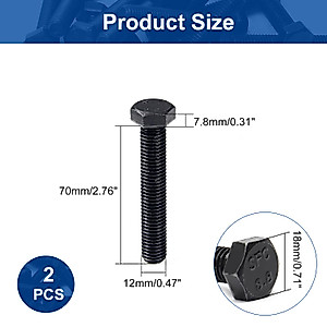 MroMax 2Pcs M12 x 70mm Hex Head Screw Bolt, Carbon Steel Grade 8.8, Black Oxide Finish, Full Thread, Hexagon Head Bolts for Furniture Repair