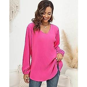 FREEYE Tunic Tops for Women Loose Fit, V Neck Long Sleeve Shirts Hot Pink Blouses for Women Dressy Tops for Women for Evening Party 2023 Dressy Cocktail Tops XL