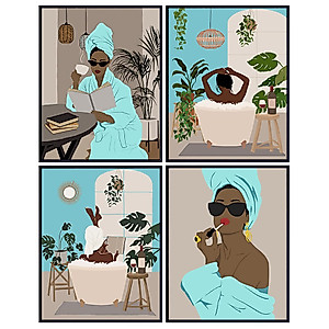 Light Blue African American Bathroom Decor Set - African American Women - Minimalist Abstract Wall Art - Afro Black Art - Black Culture - Guest Bath, Powder Room, Restroom Spa Decorations Accessories