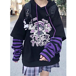 EMILYLE Womens Girls Japanese Style Hoodie Cute Pattern Print Sweatshirt Fashion Kawaii Anime Pullover(1purple-1,2XL)