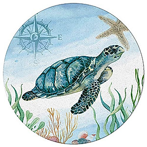 Ocean Life Round Area Rug 5 Ft, Sea Turtle Starfish World Underwater Pattern Soft Throw Rug Non-Slip Washable Carpet for Kid's Room, Nursery, Living Room, Bedroom, Teen's Room, Modern Home Decor