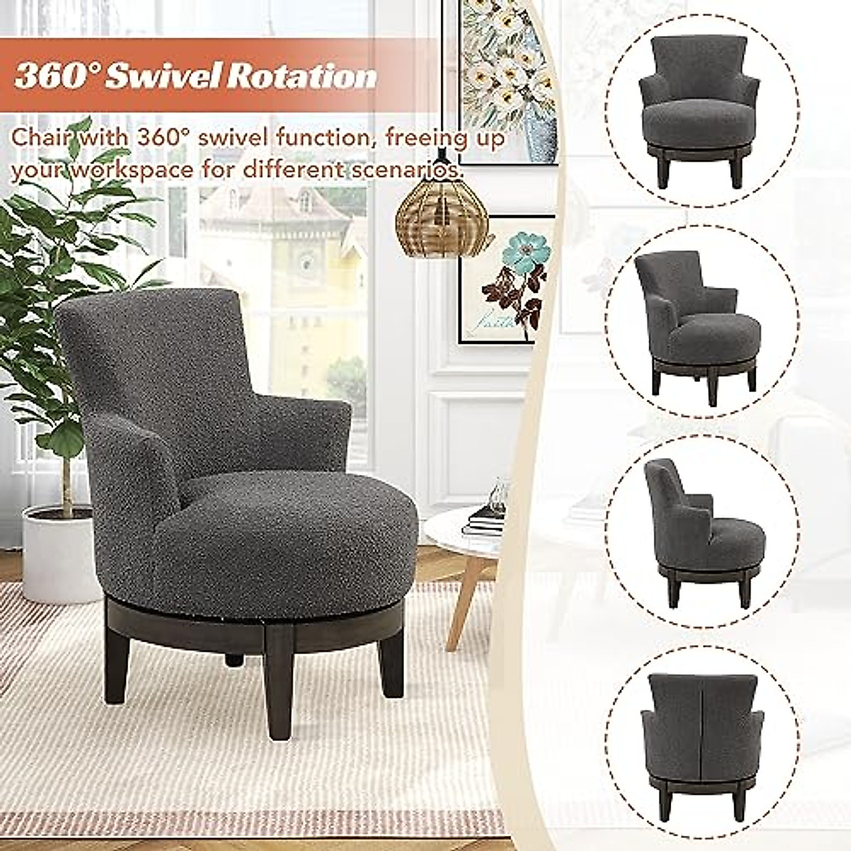 Goohome 360 Degree Swivel Wingback Accent, Comfy Upholstered Sherpa Fabric Seating Armchair with Rubberwood Legs for Living Room, Leisure Arm Chair for Lounge, Dark Grey