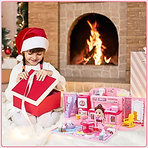 deAO Doll Houses Portable Backpack for Girls with Doll Toy House with Light and Music Baby Dollhouse Furniture for 3 to 8 Years Olds Toddler Kids