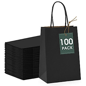 GSSUSA 100Pcs Black Paper Bags, 5.25x3.75x8 Small Gift Bags, Paper Bags with Handles Bulk, Bags for Small Business, Sturdy Kraft Paper Bags, Retail Shopping Bags, Party Favor Bags, Birthday Gift Bags