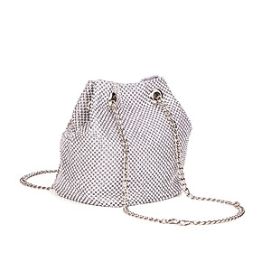 Olivia Miller Women's Fashion Round Pouch Evening Bag Silver Elegant Formal Crossbody Handbag Wedding Prom Party Purse w Mesh Dazzling Rhinestone