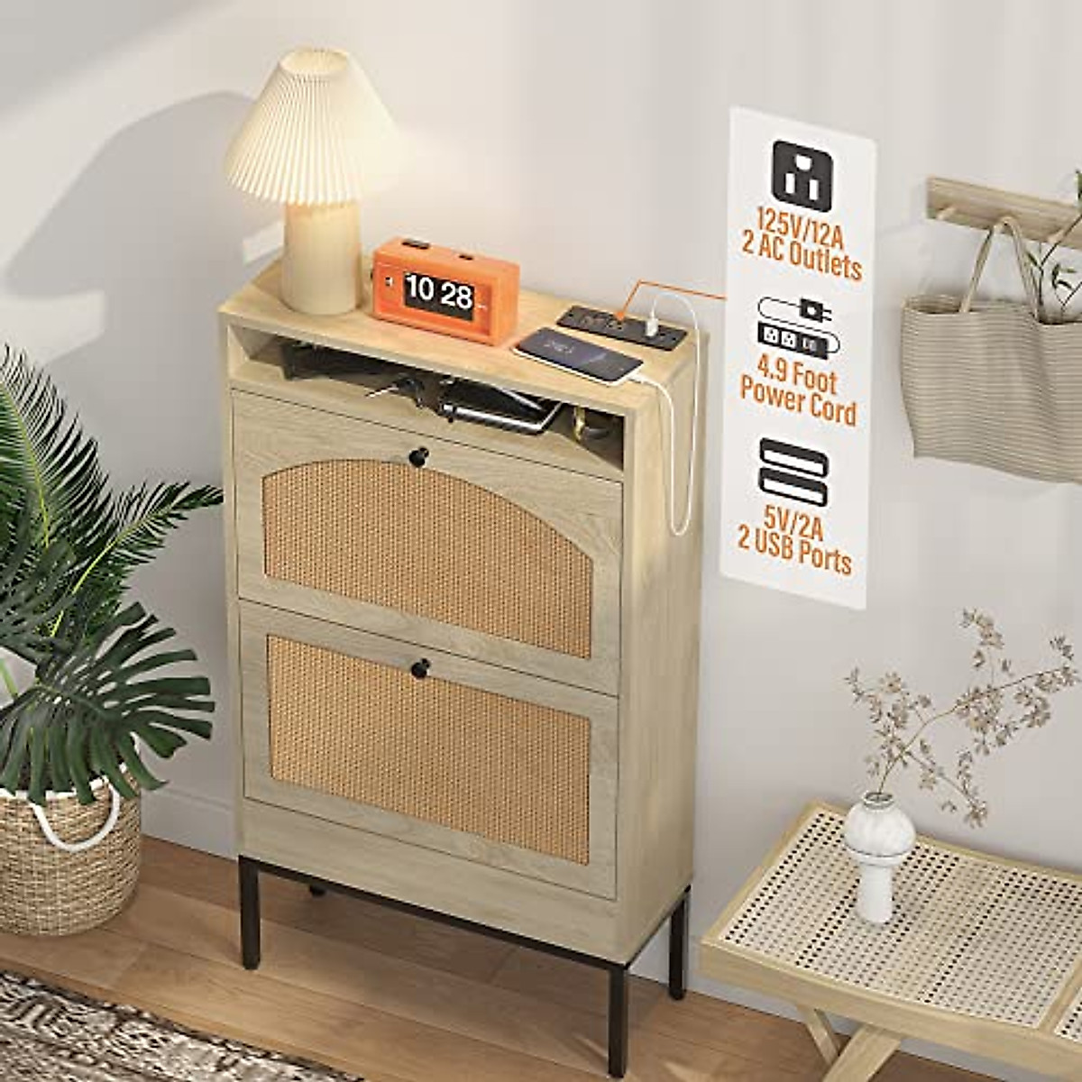 Wanttii Rattan Shoe Cabinet with Charging Station, Shoe Storage Cabinet with 2 Flip Drawers, Slim Shoe Storage for Entryway, Hallway, Living Room (Natural)