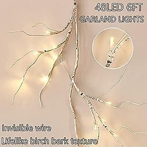 Fudios Lighted Birch Garland with Timer 48 LED Fairy Lights 6ft Battery Operated for Mantle Decor, Lit Twig Garland Christmas Indoor Outdoor Wedding Home Wall Decoration