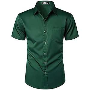 ZEROYAA Men's Casual Urban Stylish Slim Fit Short Sleeve Button Up Dress Shirt with Pocket ZLSC15-Dark Green Large