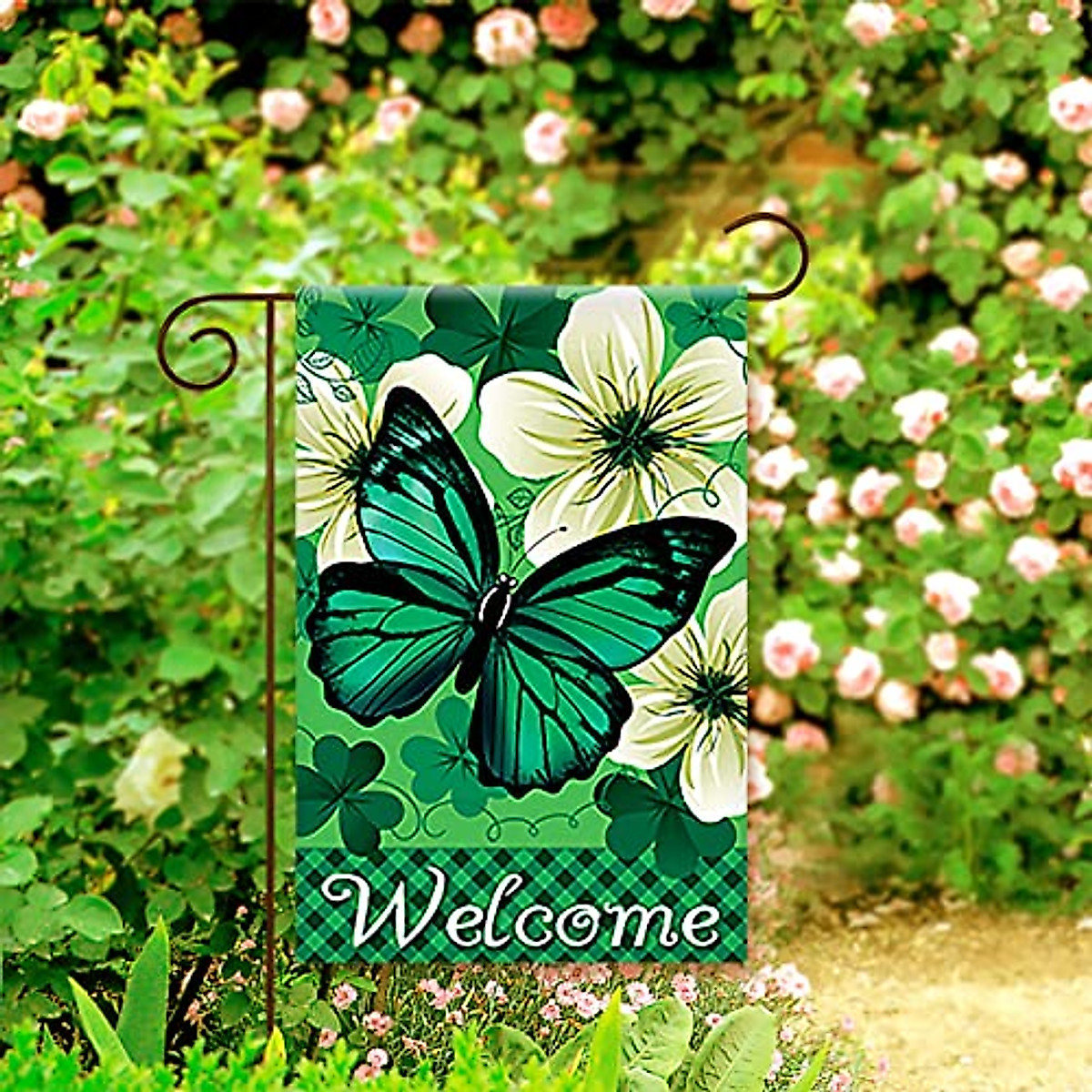 Morigins Welcome Clover Butterfly House Flag Decorative St.Patrick's Day Double Sided Flag 28 X 40 Inch